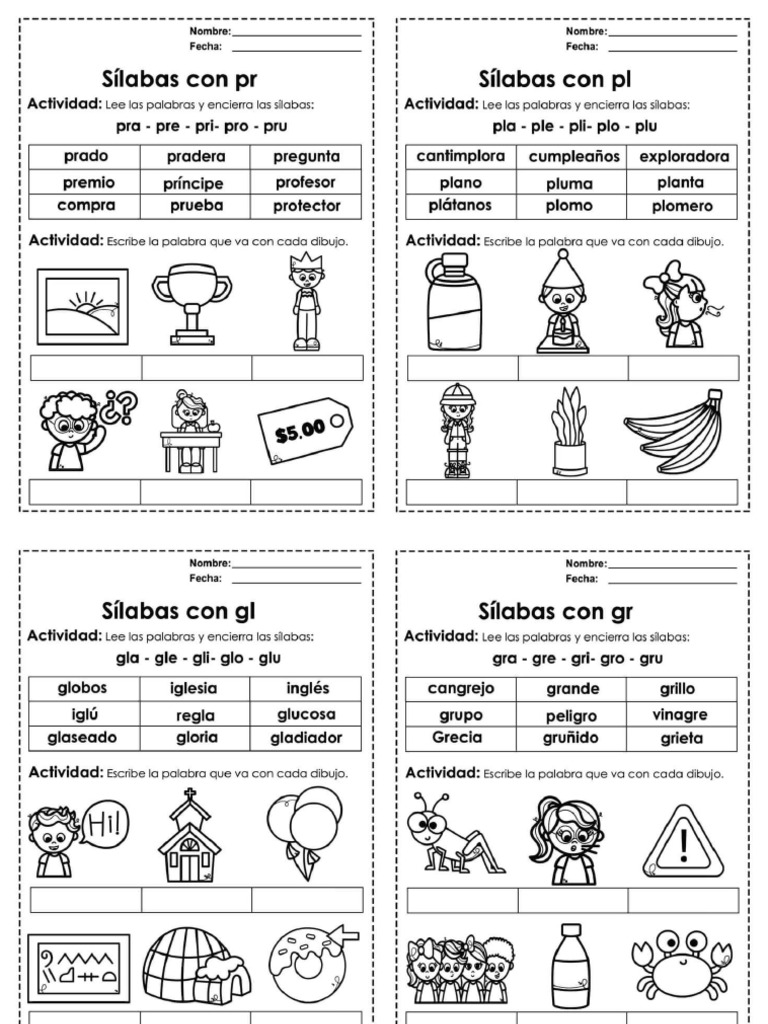 Fichas de Repaso Sílabas Trabadas | PDF
