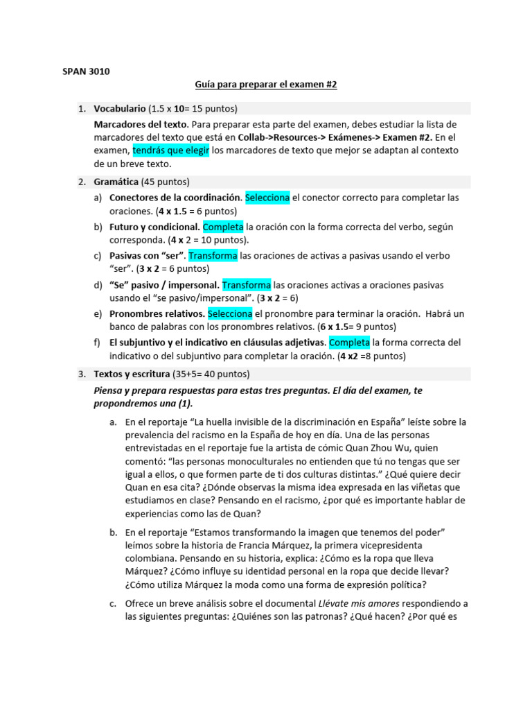 Guía de Estudio para Examen #2 SPAN 3010 | PDF | Relaciones sintácticas ...