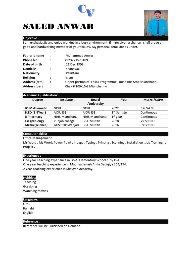 CV Saeed Anwar | PDF