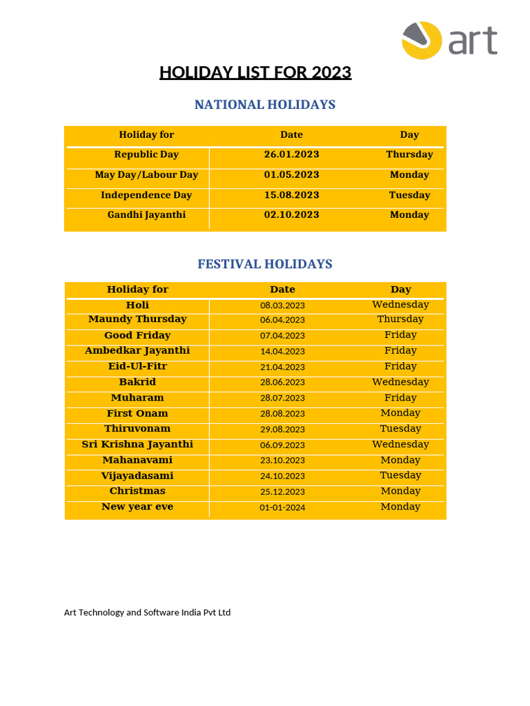 Art Holiday List For 2023 | PDF