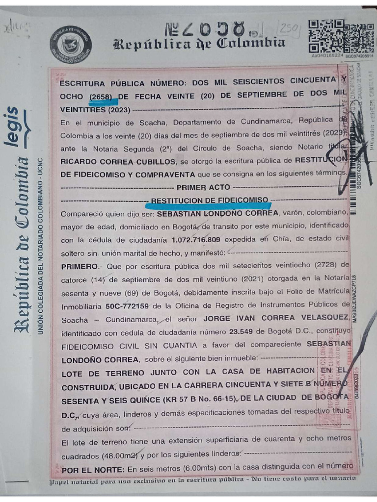 Escritura 2658 2023 Notaria 2 Soacha | PDF