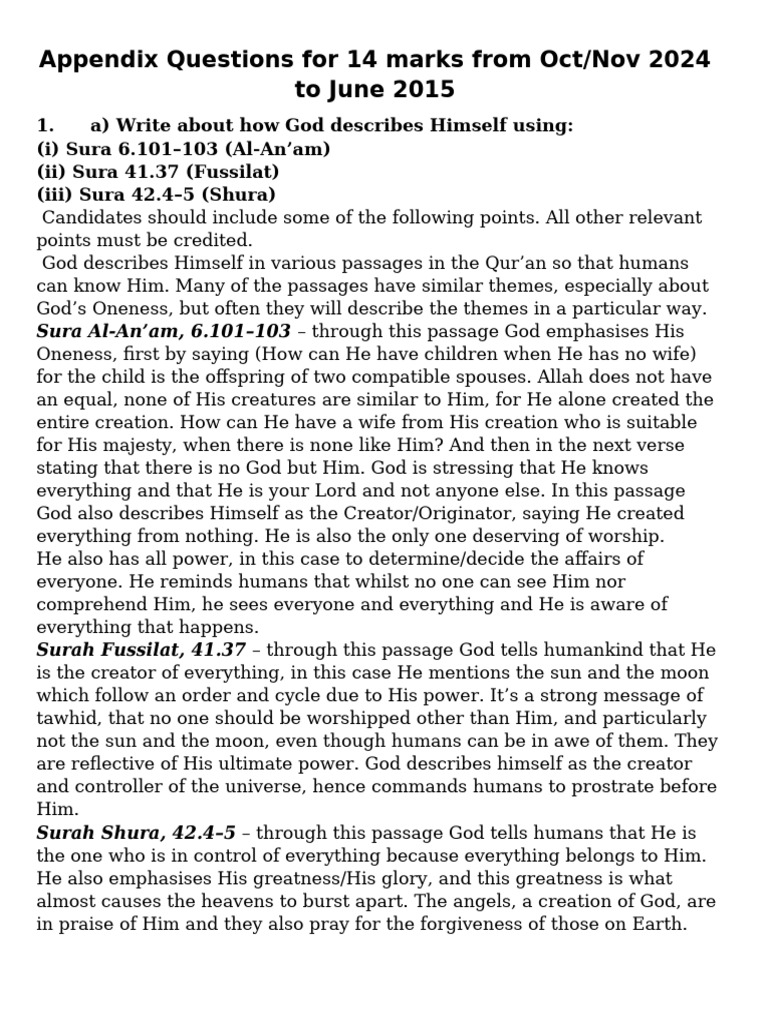 Appendix Questions For 14 Marks | PDF | Adam | Prophets And Messengers ...