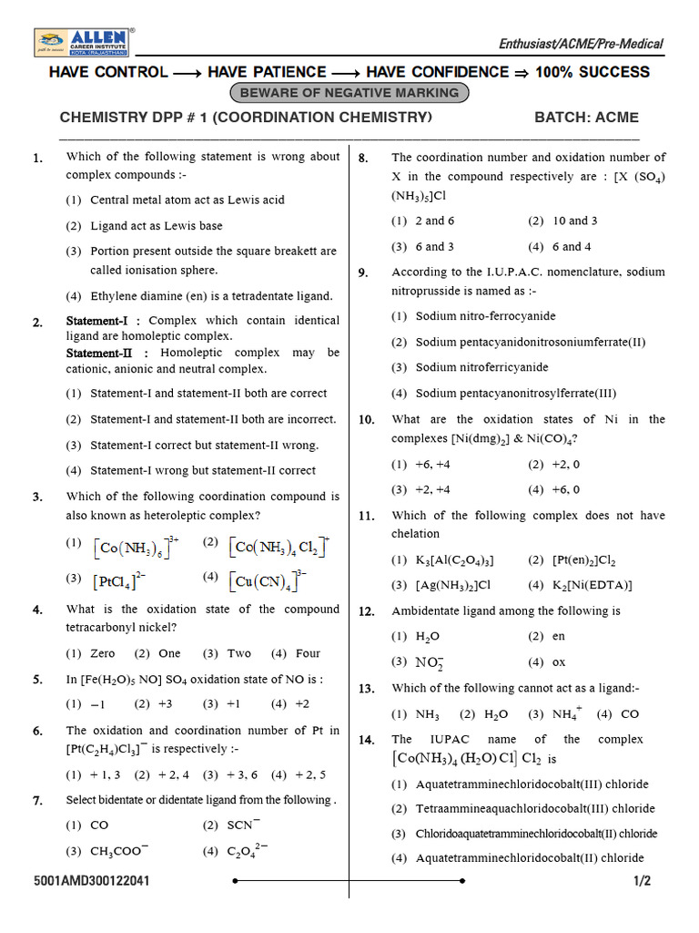 Chemistry DPP # 1 (Coordination Chemistry) | PDF | Coordination Complex | Ligand