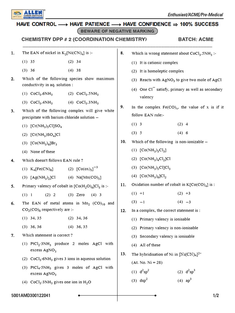 Chemistry DPP # 2 (Coordination Chemistry) | PDF | Chemical Substances | Chemistry