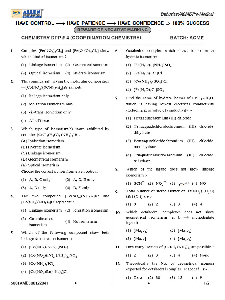 Chemistry DPP # 4 (Coordination Chemistry) | PDF | Coordination Complex ...