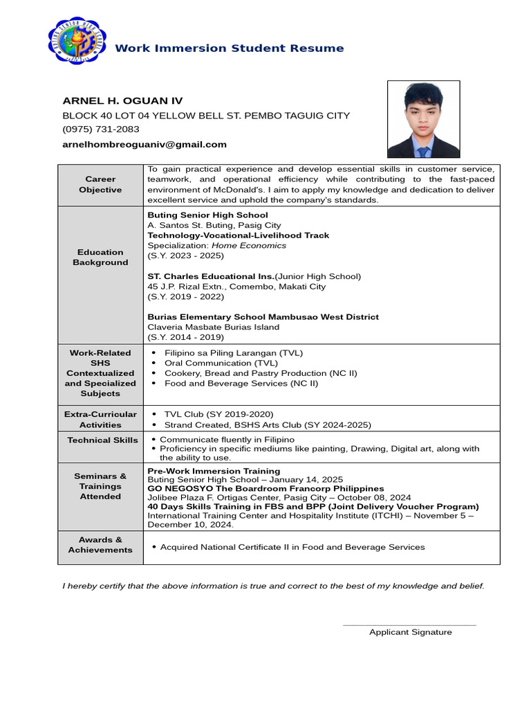 Work Immersion Student Resume | PDF | Learning | Cognition