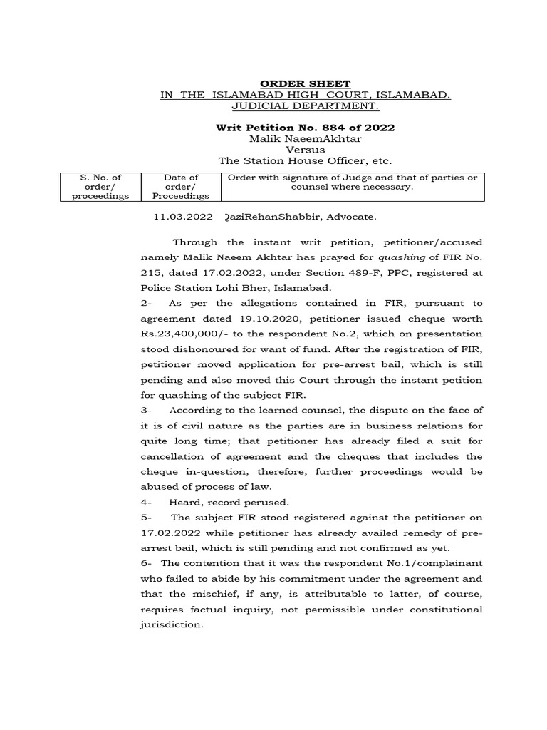 Writ Petition Dismissed: FIR Quashing Case | PDF | Bail | Government