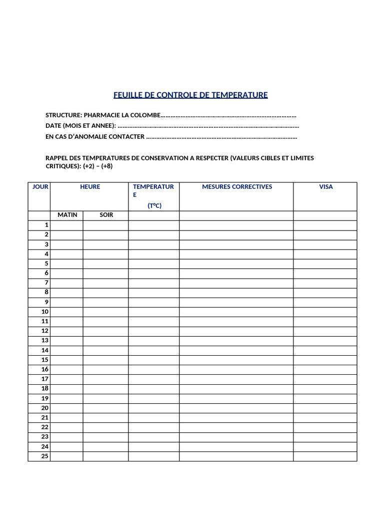 Fiche de Contrôle Température Frigo | PDF