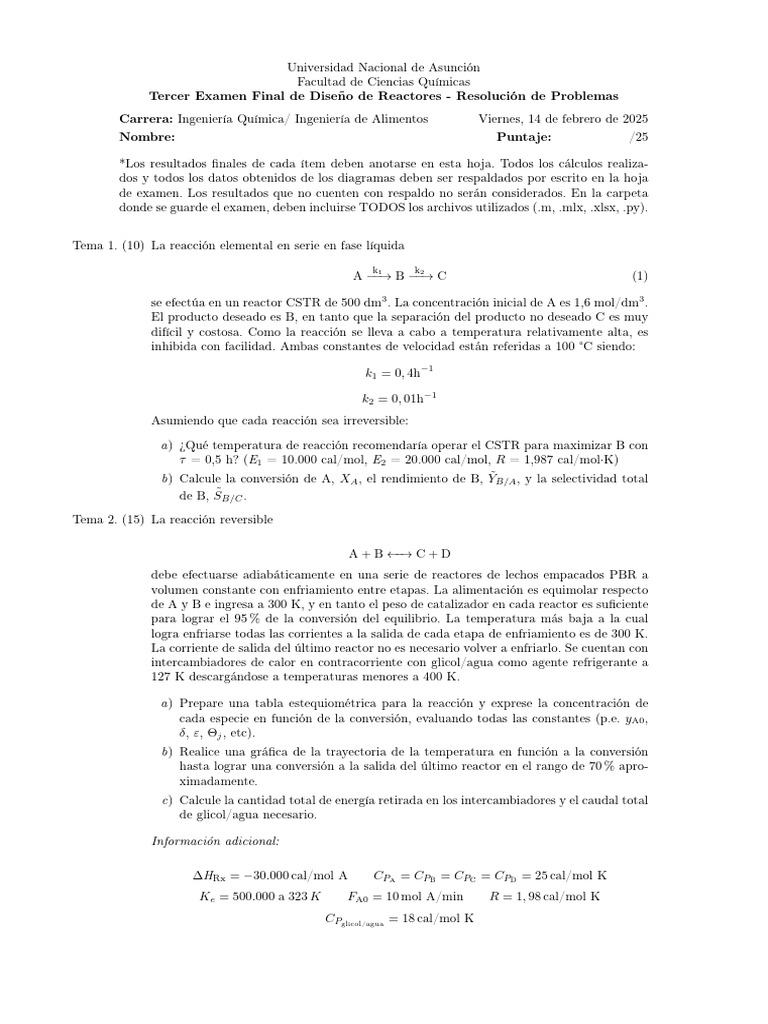 Final 3 Diseño de Reactores 2024 | PDF | Reactor Quimico | Química