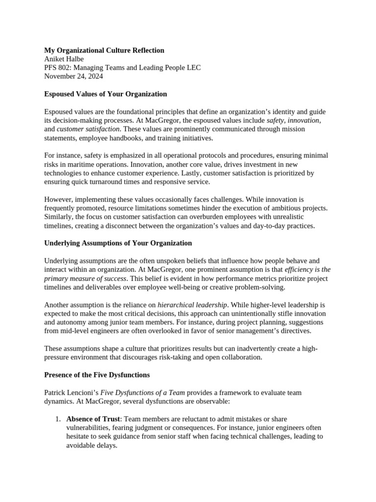 My Organizational Culture Reflection | PDF | Leadership ...