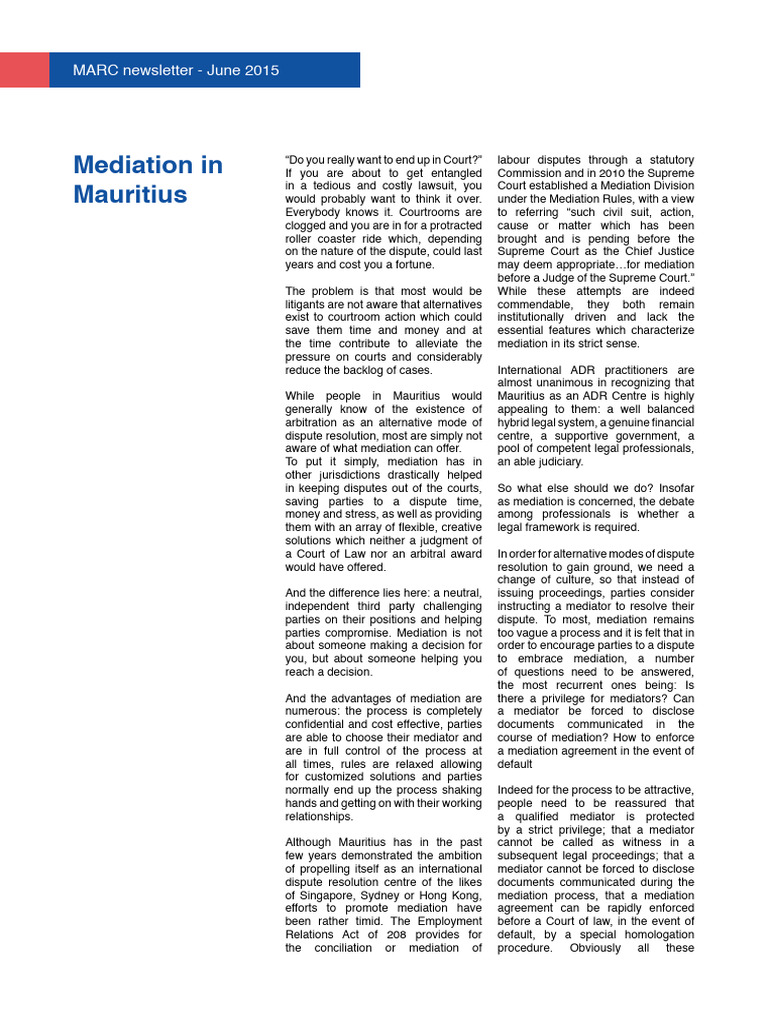 mediation-in-mauritius | PDF | Mediation | Alternative Dispute Resolution