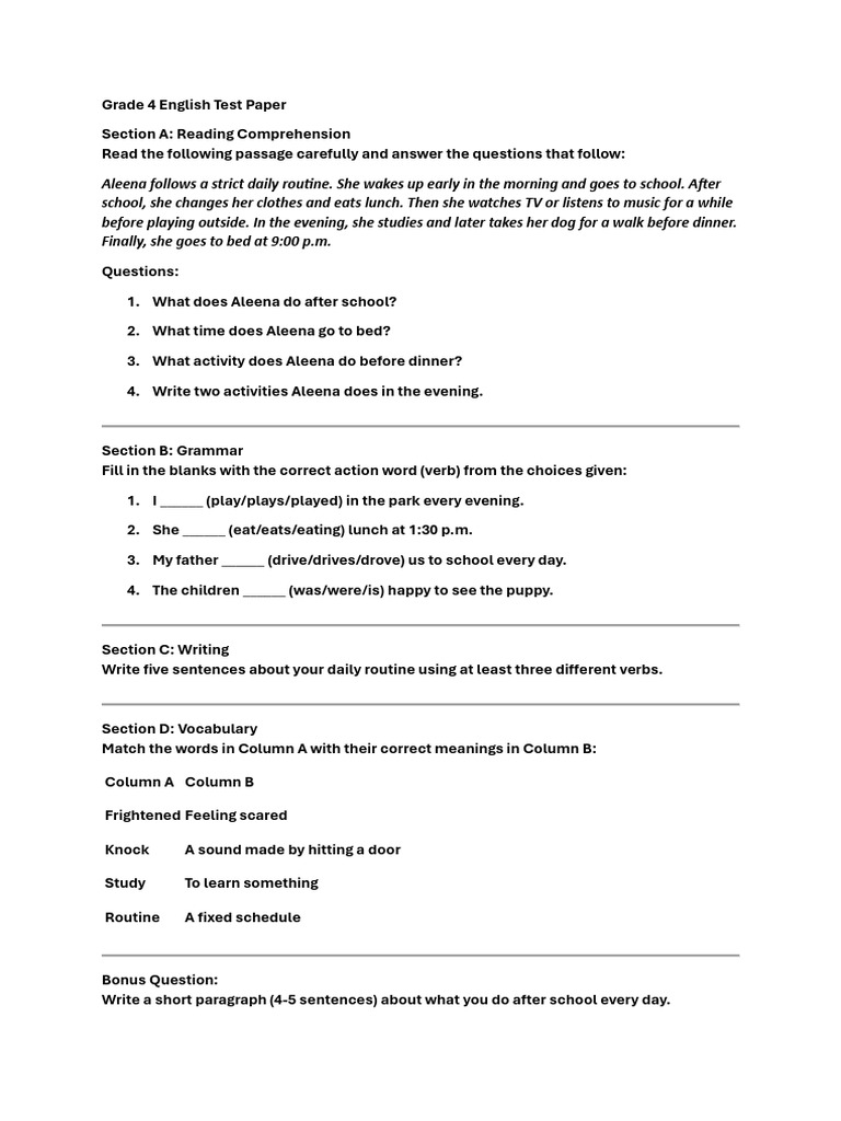 Grade 4 English Test Paper Pdf English Language Linguistics