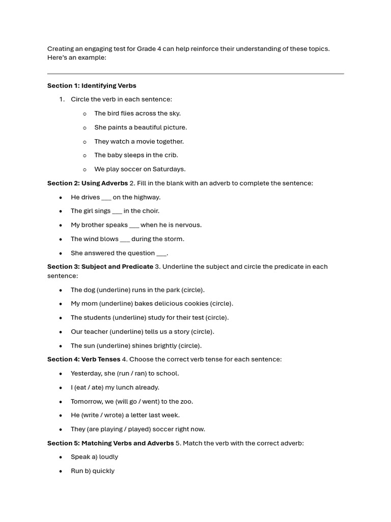 Grade 4 Verb And Adverb Test Pdf