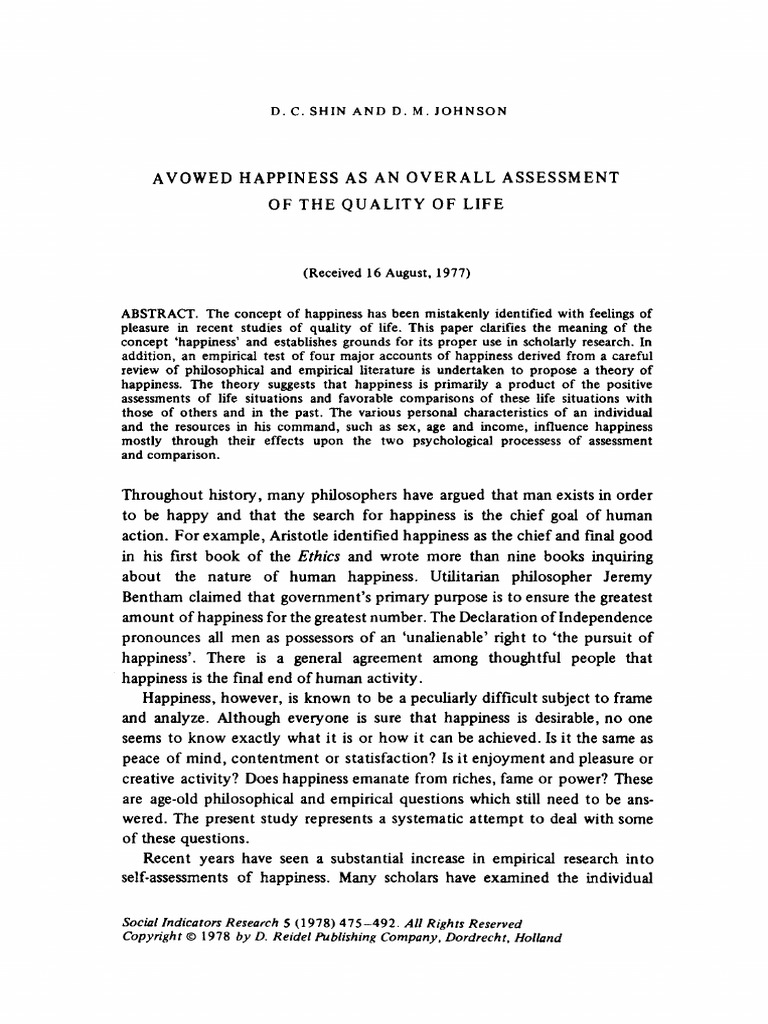 Avowed Happiness As An Overall Assessment of The Quality of Life | PDF ...