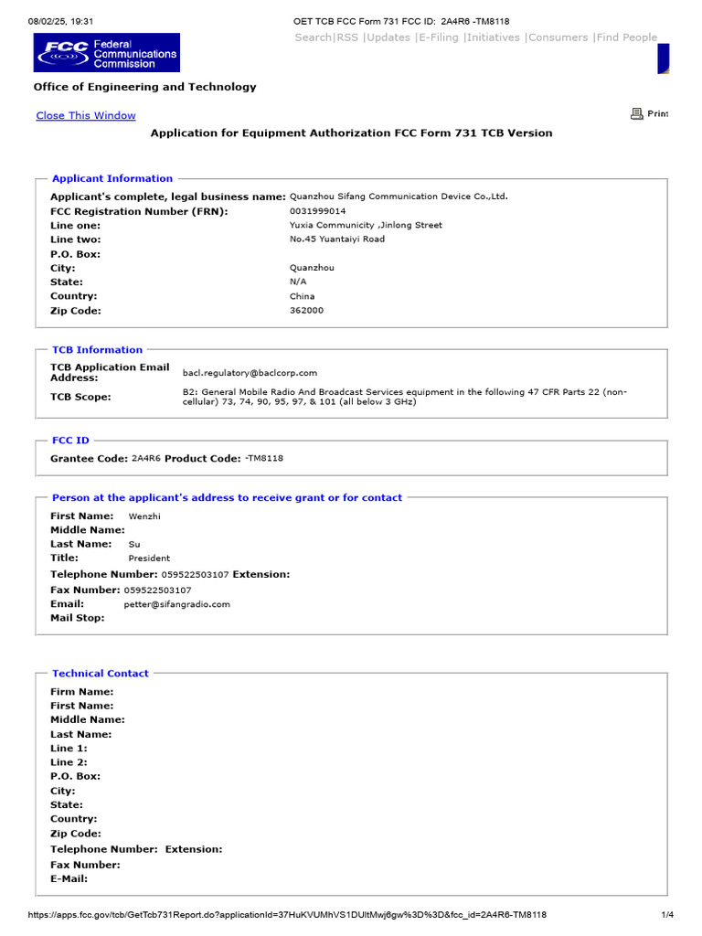 OET TCB FCC Form 731 FCC ID - 2A4R6 - TM8118 | PDF | Radio | Transmitter