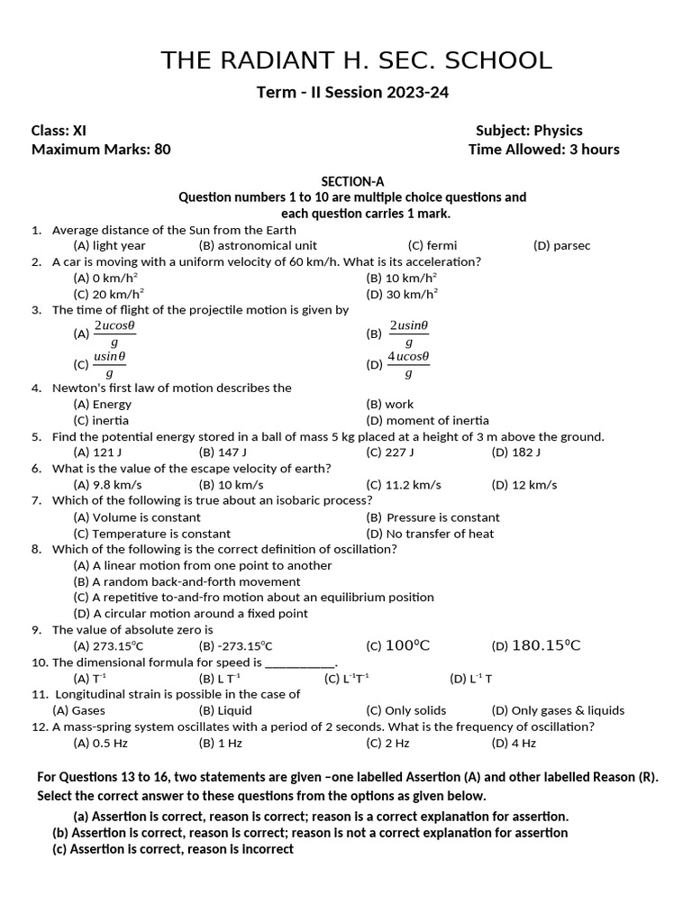 Final Exam 11th Physics 2023-24 | PDF | Deformation (Engineering ...