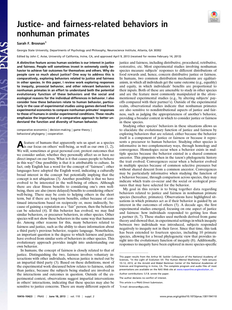 Justice - and Fairness - Related Behaviors in Non-Human Primates | PDF ...