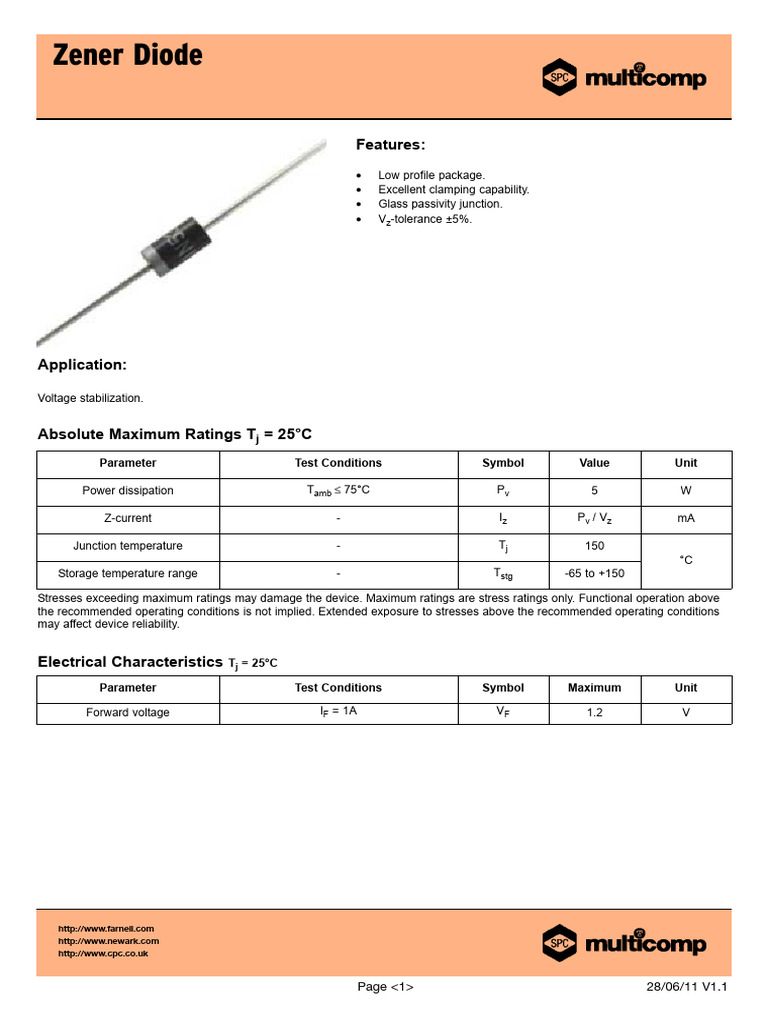 Zener Diode Specs for Engineers | PDF | Diode | Electricity