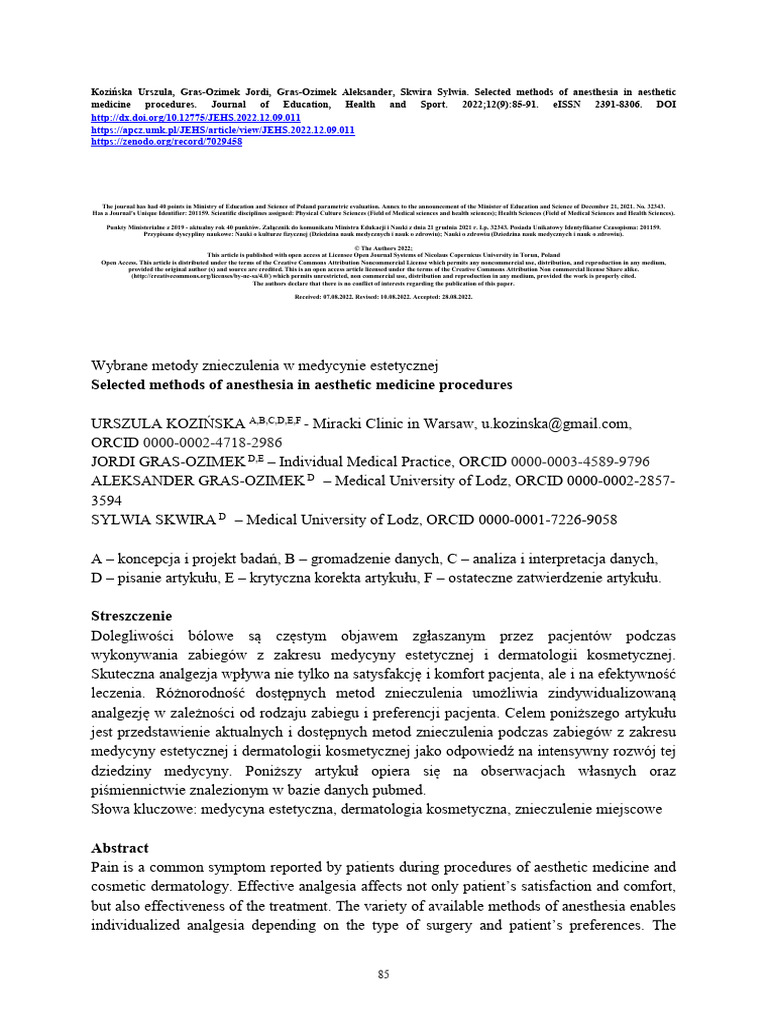 Selected Methods of Anesthesia in Aesthetic Medici | PDF