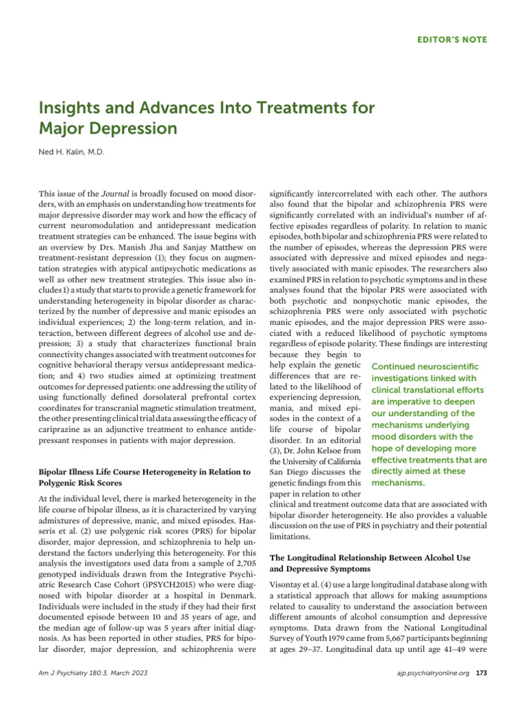 Kalin 2023 Insights and Advances Into Treatments For Major Depression ...