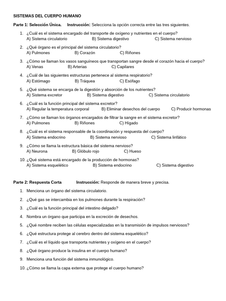 Preguntas de Los Sistemas Del Cuerpo Humano | PDF