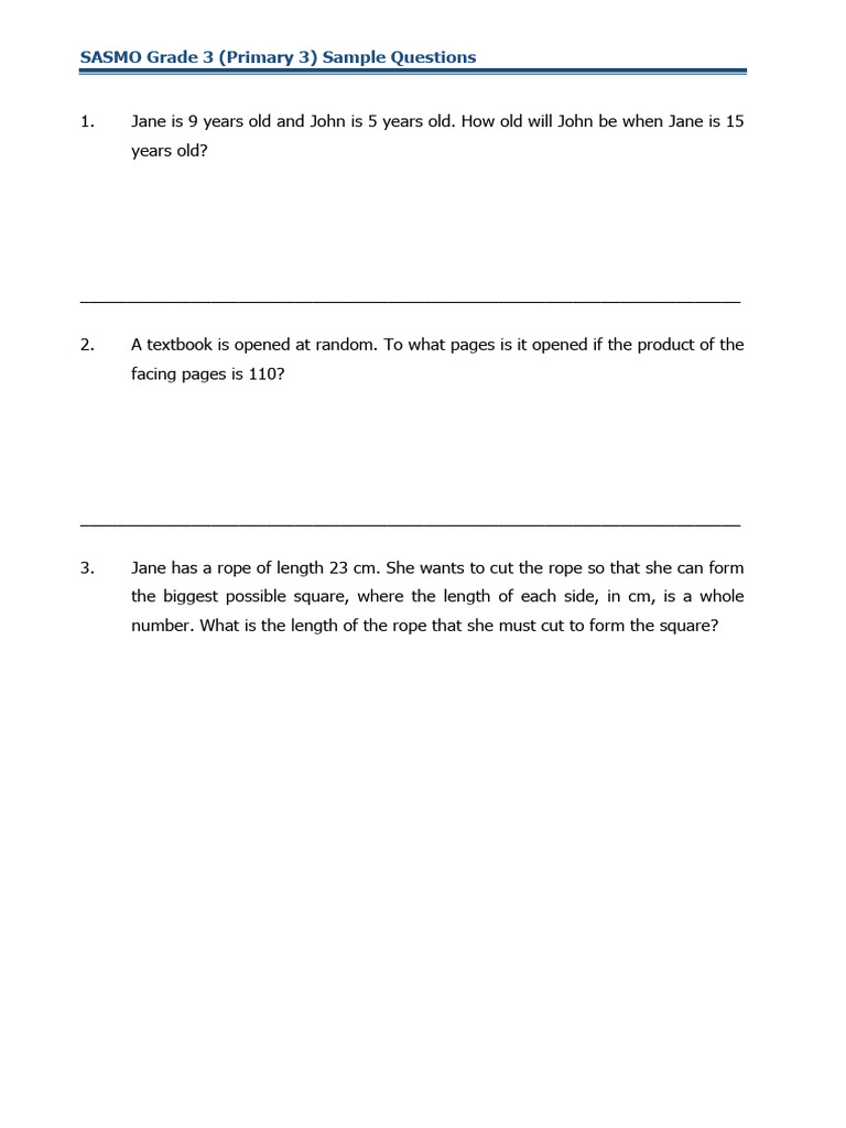 Grade 3 SASMO Mock Test Questions | PDF