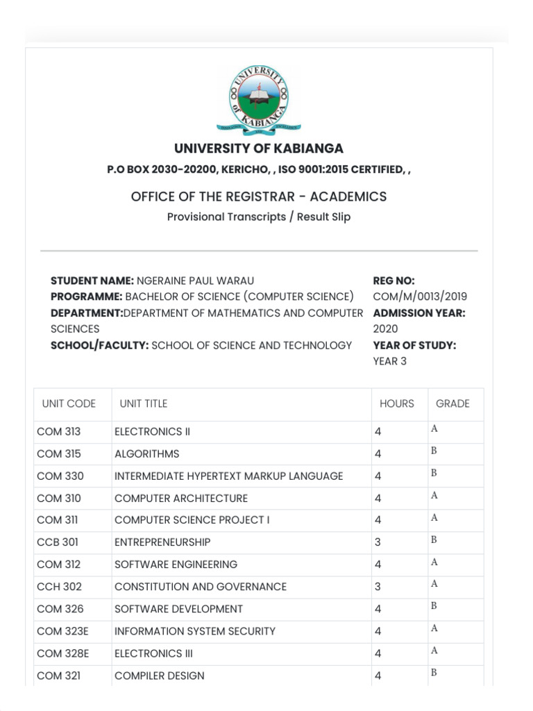 Provisional Transcript: Ngeraine Paul Warau | PDF | Computer Engineering | Computer Programming