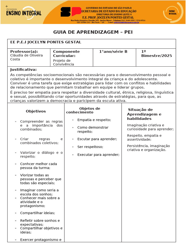 Projeto de Convivência 2025 (1) Professora | PDF | Aprendizado | Empatia