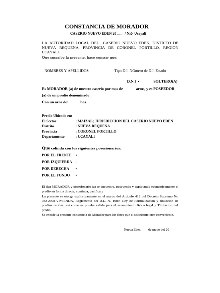 Modelo de Constancia de Morador Ucayali | PDF