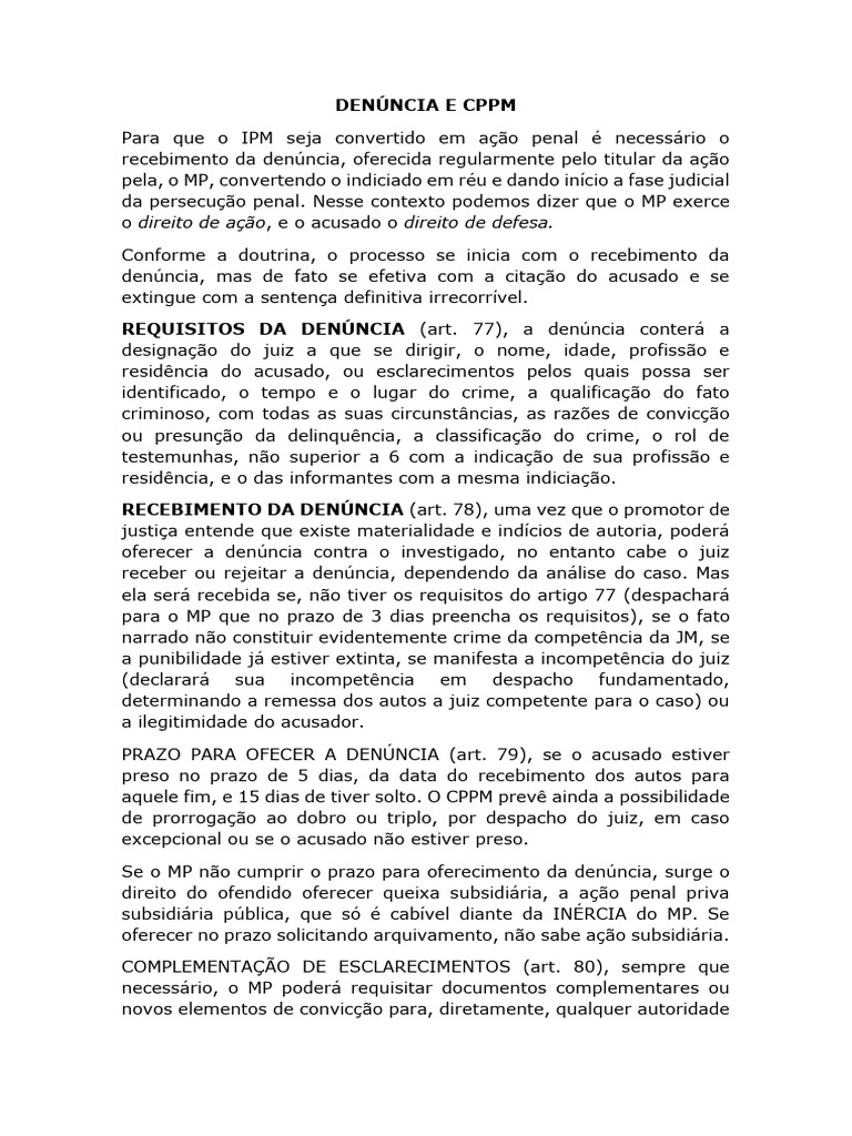 Denúncia e Recebimento no CPPM | PDF | Direito Público | Crimes