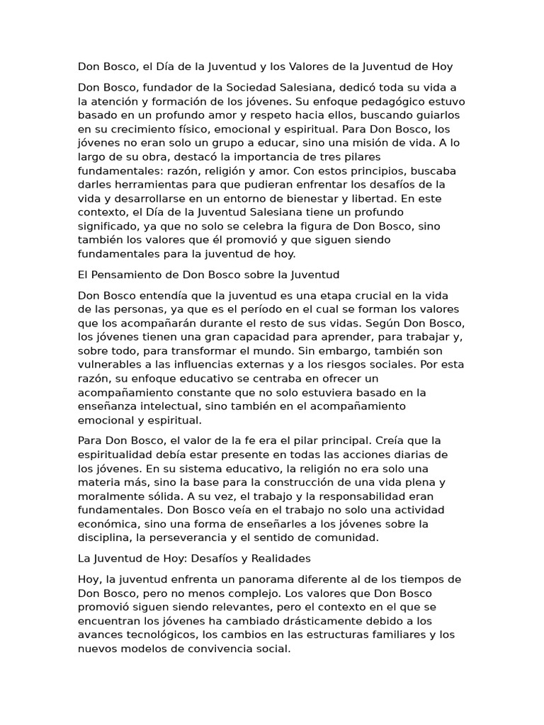 Valores de Don Bosco en la Juventud Actual | PDF | Nación | Juventud