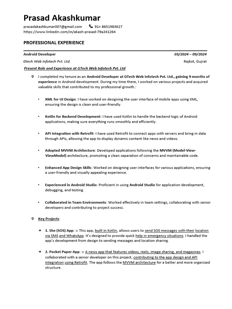 Android Development Resume | PDF | Mobile App | Android (Operating System)