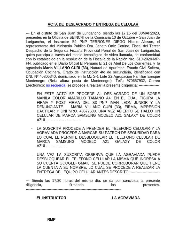 Acta de Deslacrado y Entrega de Celular | PDF
