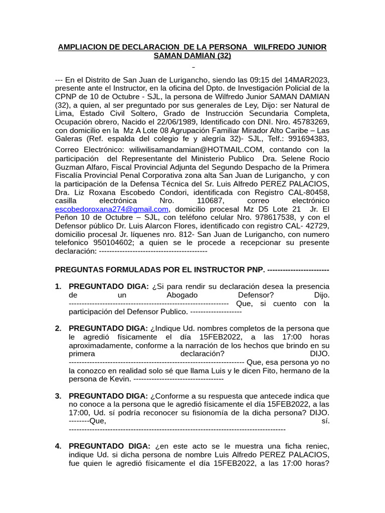 ACTA DE DECLARACION DE Lesiones WILFREDO | PDF
