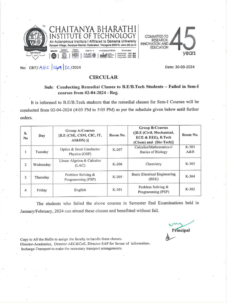 Remedial Classes Schedule For Failed Sem I Students Circular | PDF