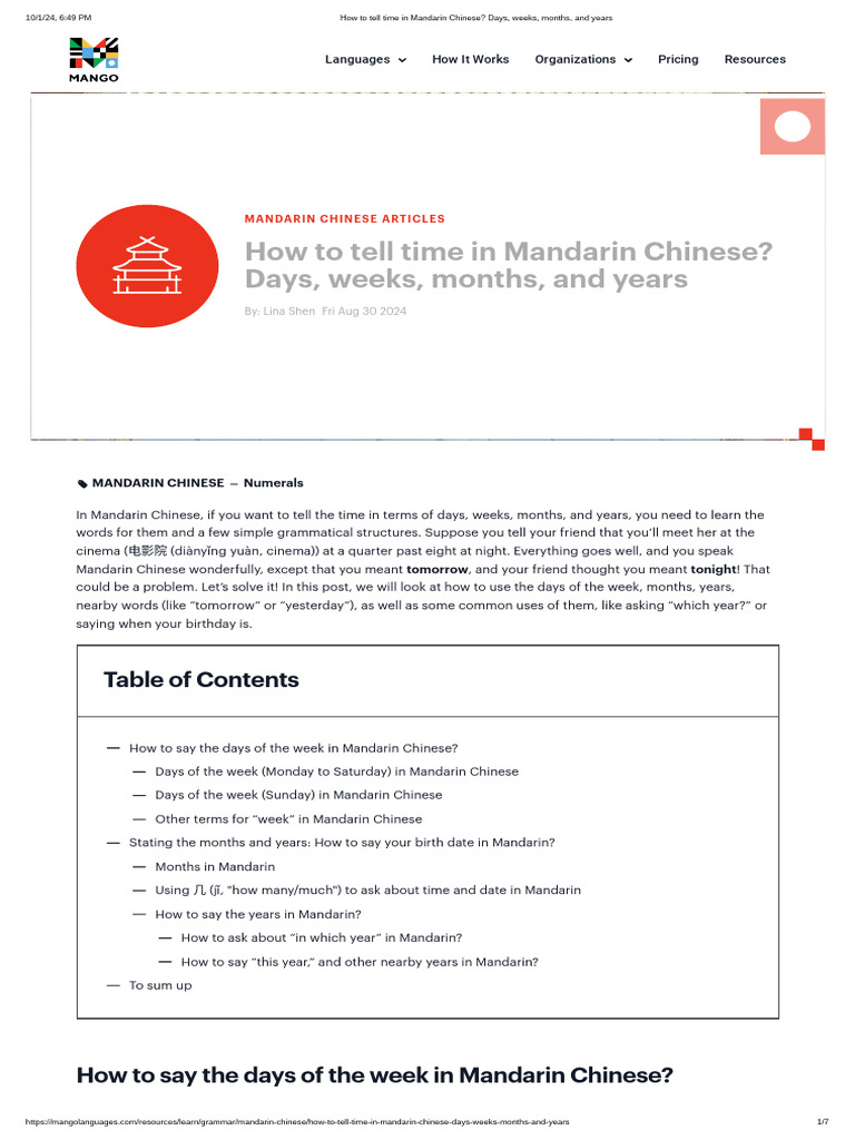 How To Tell Time in Mandarin Chinese - Days, Weeks, Months, and Years ...