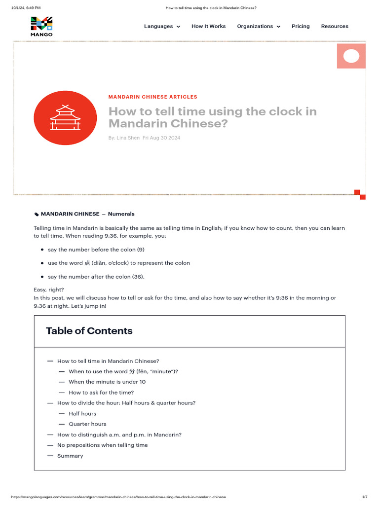 How To Tell Time Using The Clock in Mandarin Chinese | PDF | Standard ...