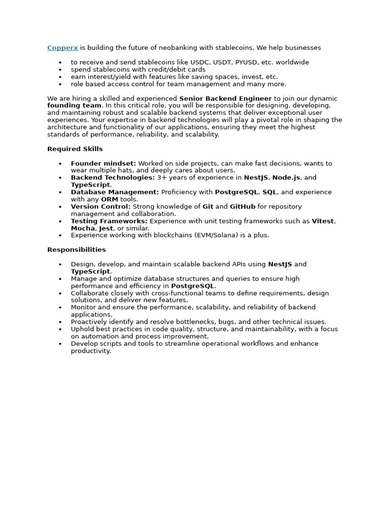 Copperx - Backend Engineer - JD | PDF
