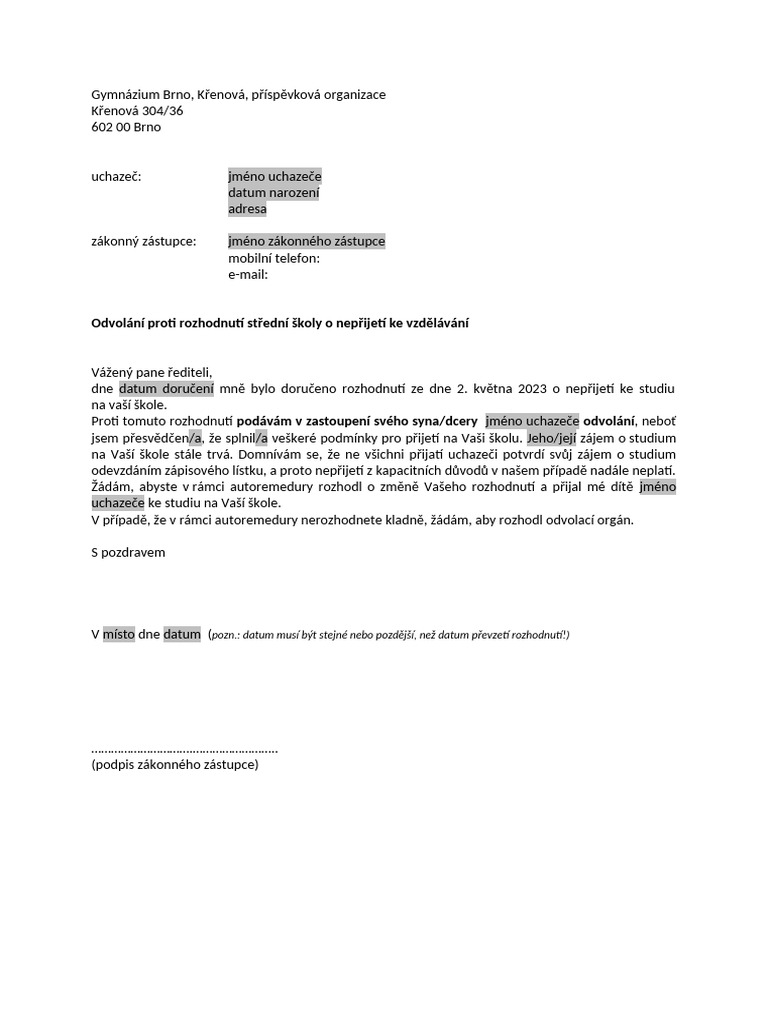 VZOR Odvolání Proti Nepřijetí | PDF