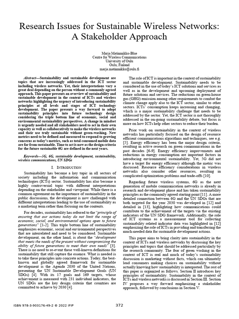 Research Issues For Sustainable Wireless Networks A Stakeholder ...