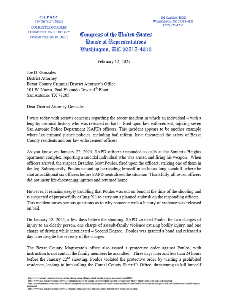Chip Roy Letter To DA Gonzales | PDF | Bail | Crimes