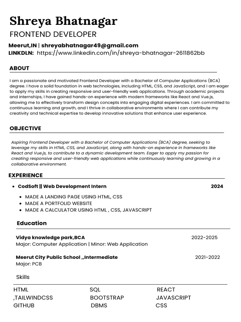 Frontend Developer Resume - Shreya Bhatnagar | PDF