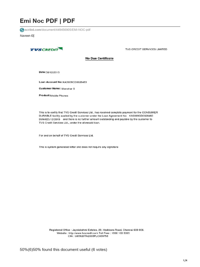 EMI Loan No Due Certificate | PDF