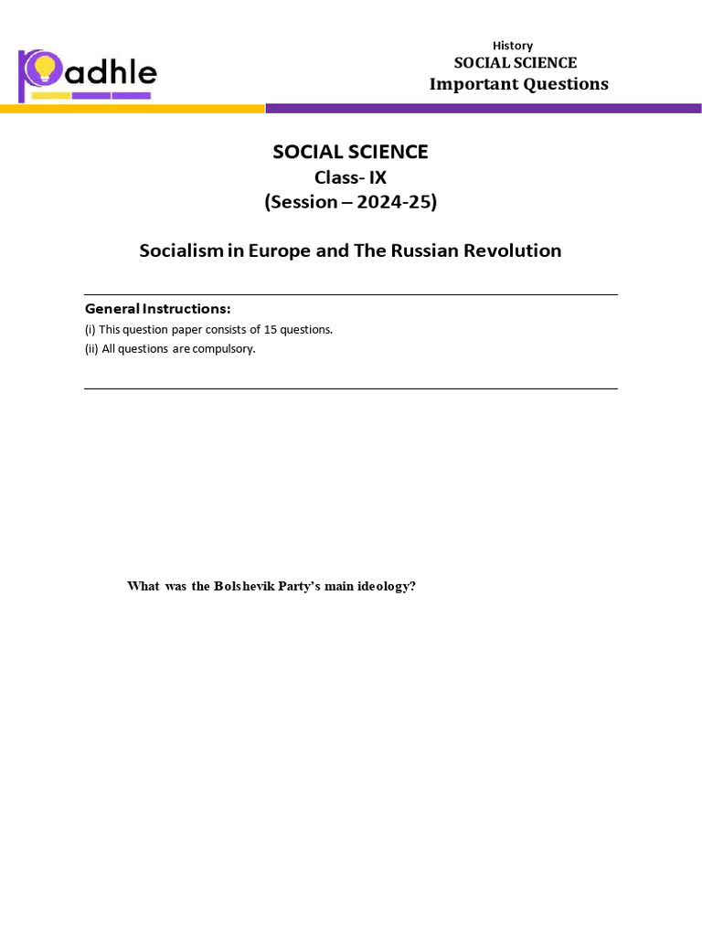 Important Questions Socialism in Europe and The Russian Revolution ...