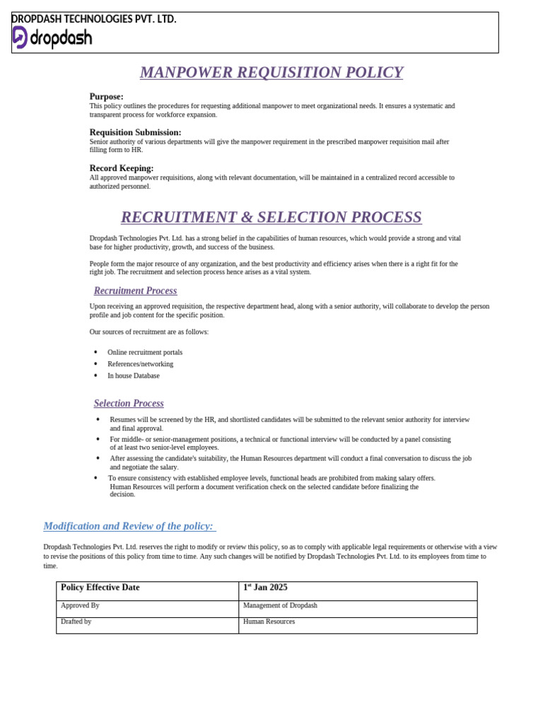 DD - Manpower Requisition Policy | PDF | Human Resources | Recruitment