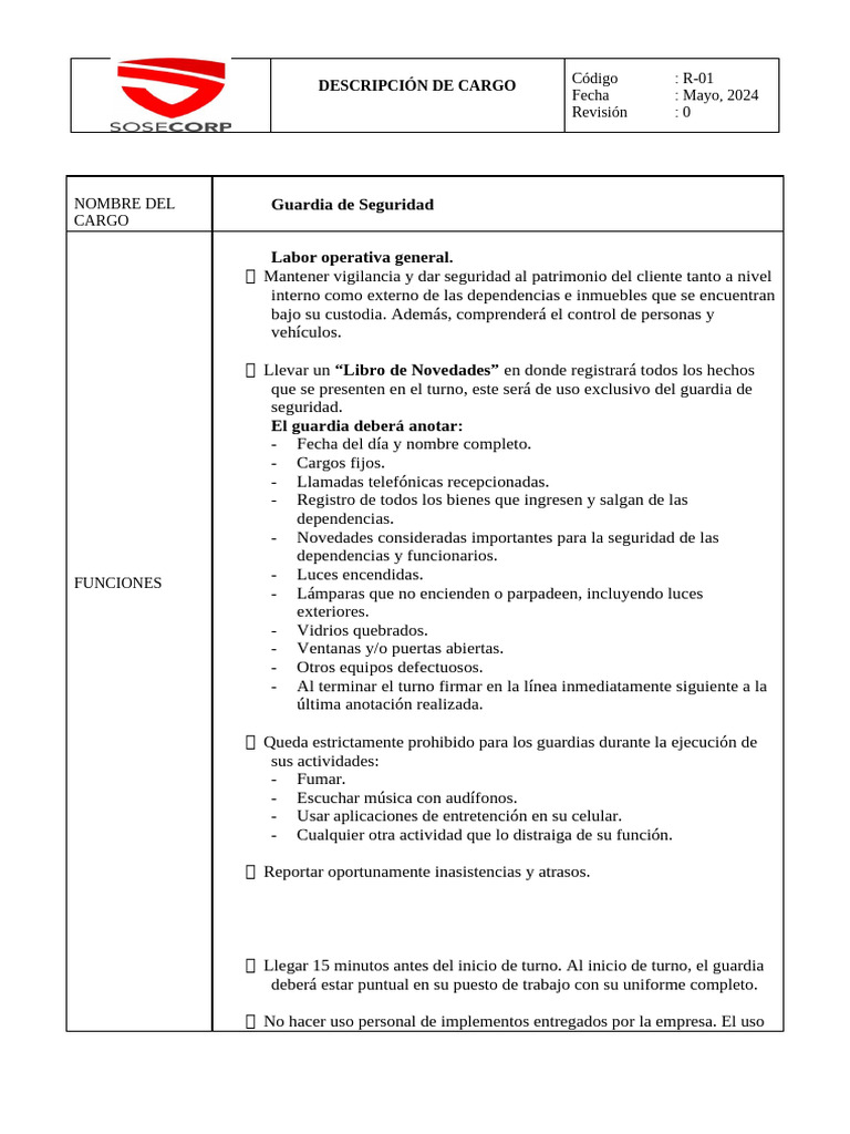 Descripcioìn de Cargos GGSS 2024 | PDF