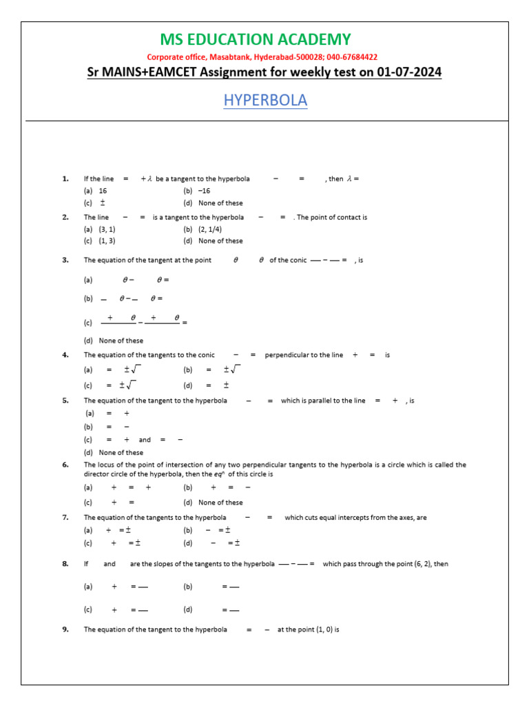 Hyperbola (SR Mains+Eamcet Assignment For Weekend 1st July 2024) | PDF ...
