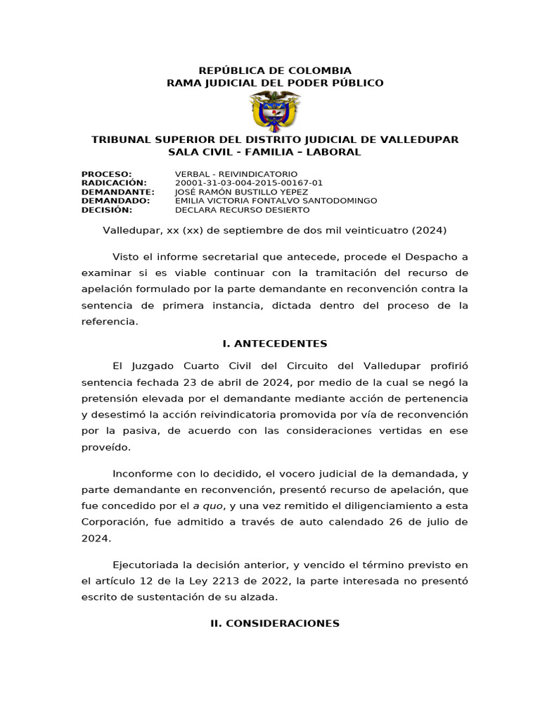 2015-00167-01 JOSE RAMON BUSTILLO YEPEZ Vs EMILIA VICTORIA FONTALVO SANTODOMINGO Declara ...