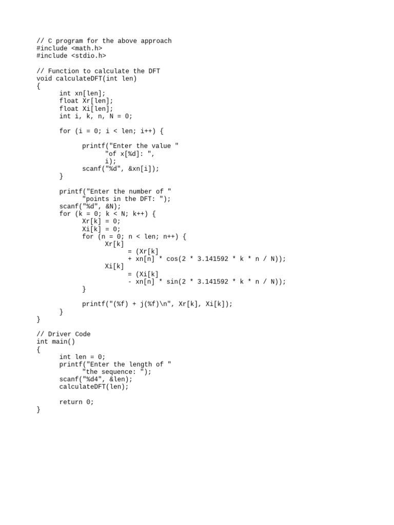 C Code for Discrete Fourier Transform | PDF
