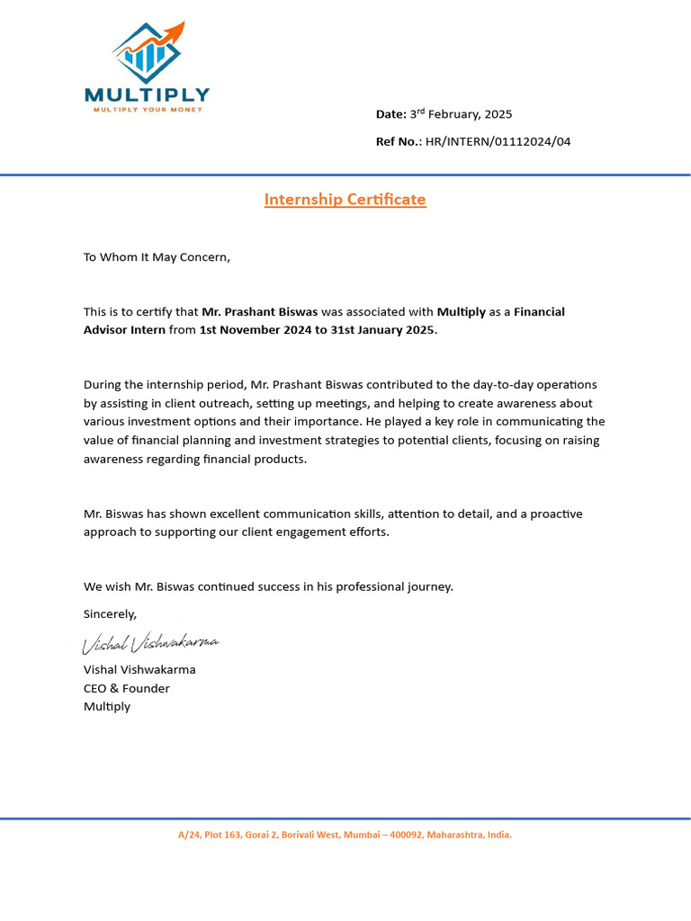 Internship Certificate - Prashant Biswas | PDF